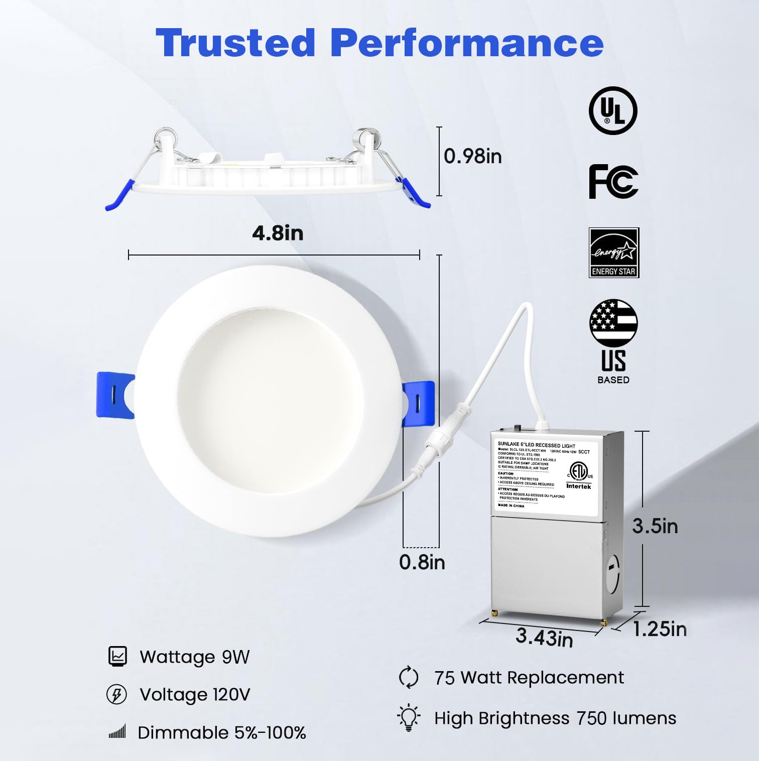 Sunlake 12 Pack Recessed Lighting 6 inch with Junction Box, 2700K/3000K/3500K/4000K/5000K Selectable, Ultra-Thin, 12W 110W Eqv, Dimmable, 1050LM High Brightness - ETL and Energy Star Certified