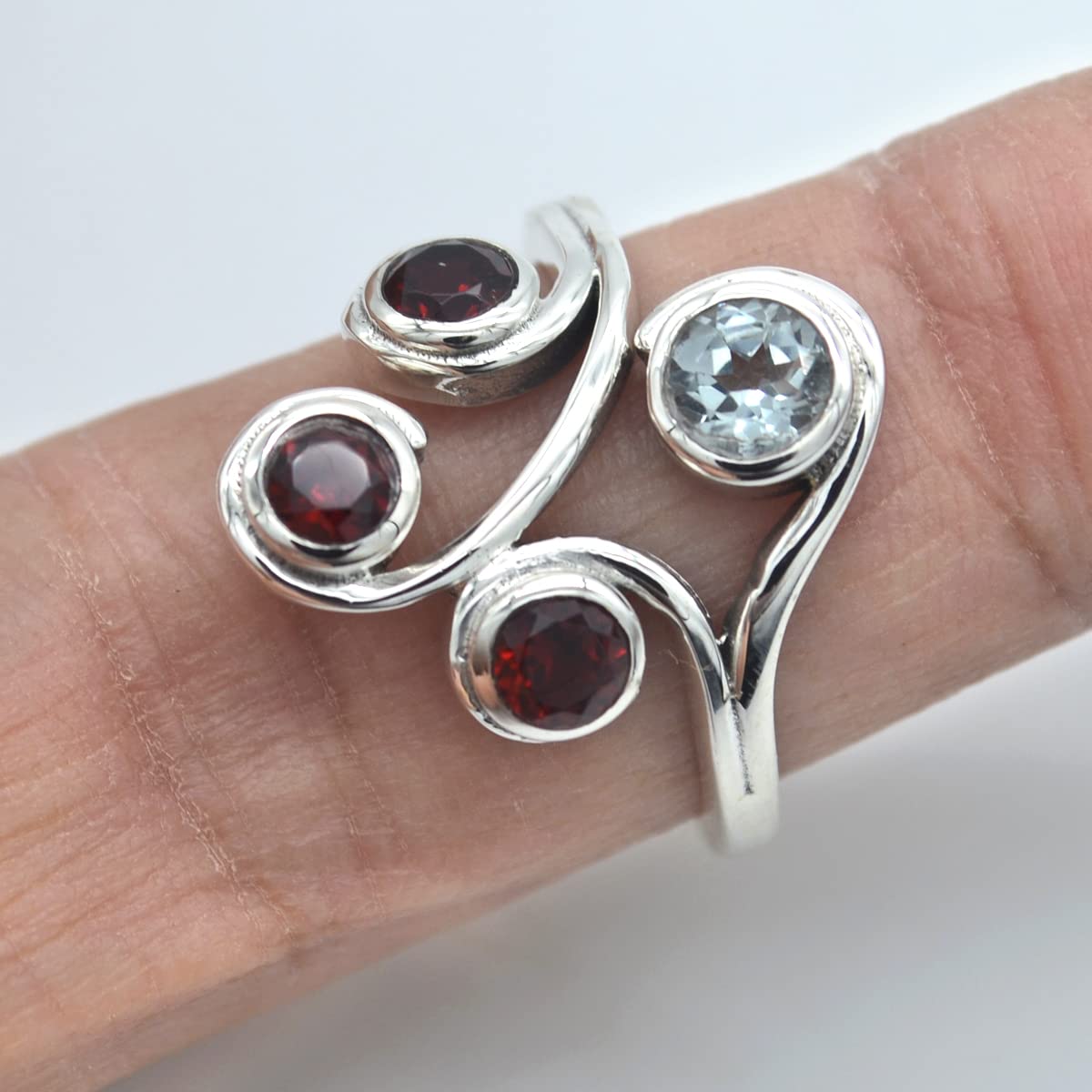 SILVER DESIGN 925 Sterling Silver Ring Solid Round Cut Multi Stone Ring Natural Red Ganet and Blue Topaz (1.87 Cts) Gemstone - 8 Us Size (SD-0128_8)