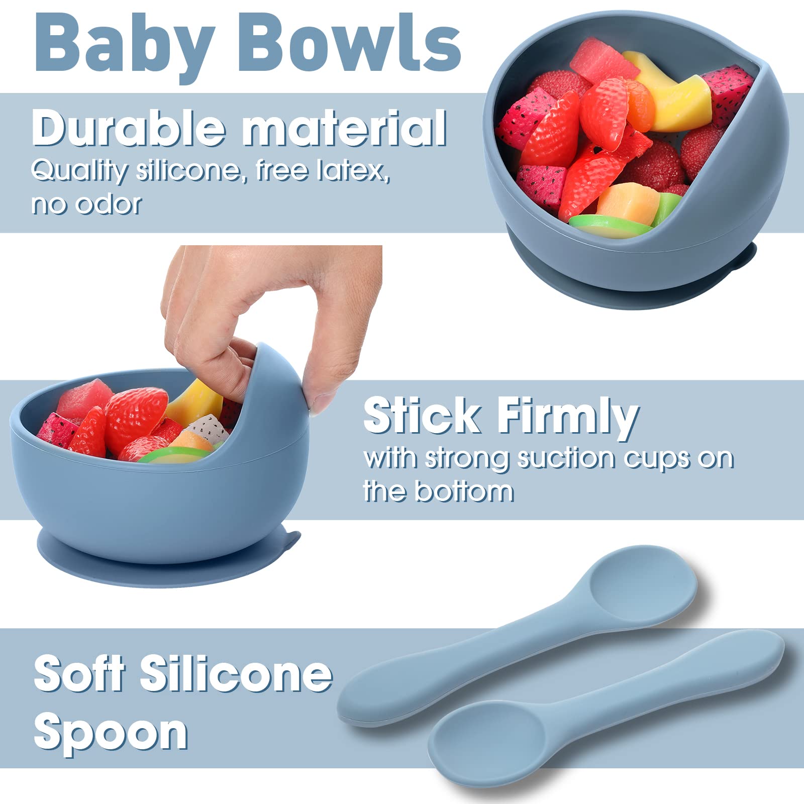 Zopeal 6 Pack Baby Suction Bowls and Training Cups Silicone Spoon Set Silicone Suction Bowl for Baby Toddler Learning Cup with Two Handles, Blue, Green and Pink