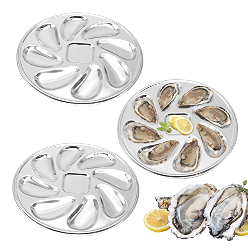 UOIENRT 3 Pack Oyster Plate, Stainless Steel 8 Slots Oyster Grill Pan with Center Slot Multi-Functional Grill Pan for Oysters and Scallop, Sauce and Lemon(Silver)
