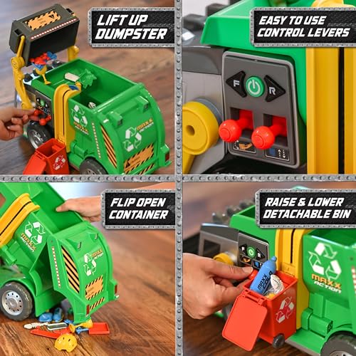 Maxx Action 19’’ 3-N-1 Maxx Recycler – Large Garbage Truck Toy with Lights, Sounds and Motorized Drive | Realistic Trash Truck with Dual Joystick Controllers - Sunny Days Entertainment | Green