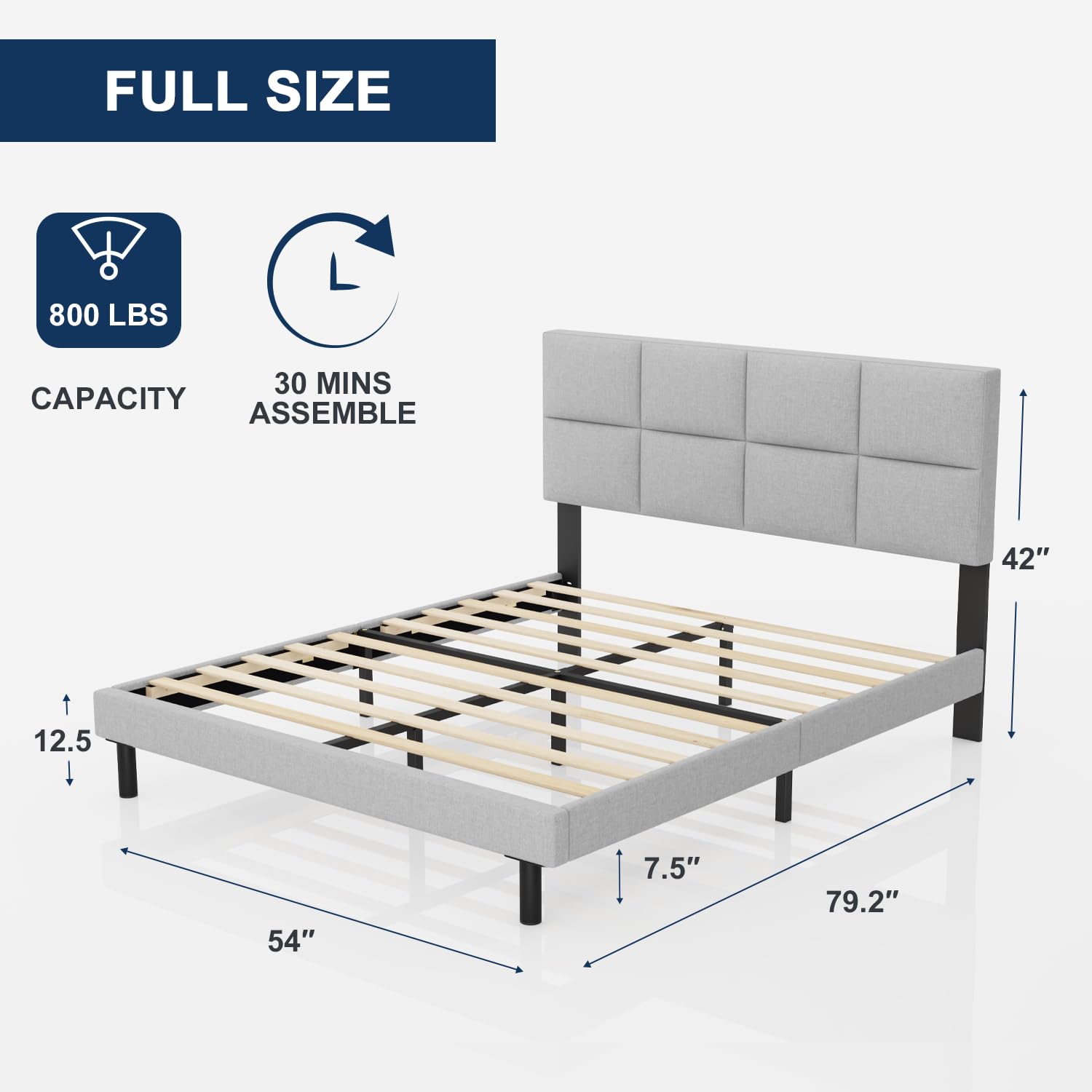 Molblly Full Size Bed Frame with Upholstered Headboard, Strong Frame, and Wooden Slats Support, Non-Slip and Noise-Free, No Box Spring Needed, Easy Assembly, Light Grey