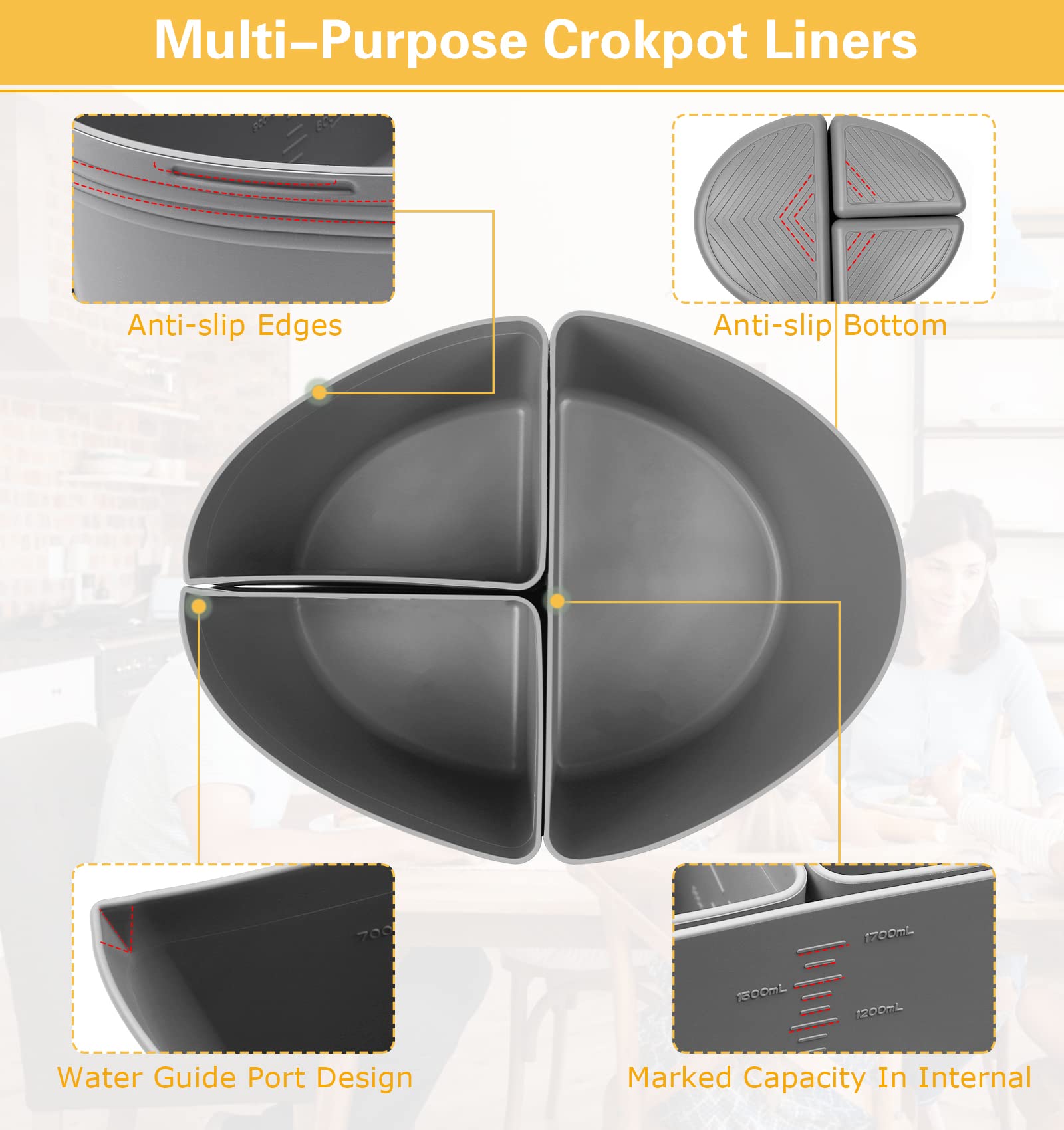 Slow Cooker Divider Liners fit Crock-Pot 6-7 Quart Oval Slow Cooker,3 in 1 Reusable & Leakproof Dishwasher Safe Cooking Liner for 6-7QT Crock Pot