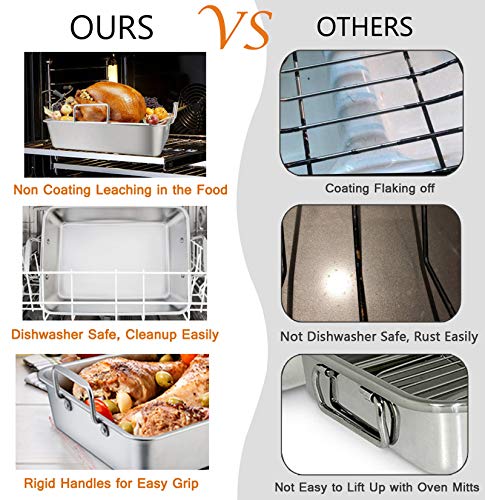 TeamFar Roasting Pan with Rack, 14 Inch Stainless Steel Turkey Roaster Lasagna Pan with V-Shaped Rack & Cooling Rack, Healthy & Durable, Brushed Surface & Dishwasher Safe, Rectangular - Set of 3