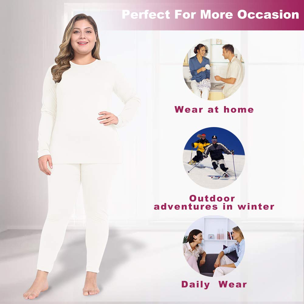 Nuonita Thermal Underwear for Women Plus Size Long Johns Set Fleece Lined Base Layer Top & Bottom 4XL White