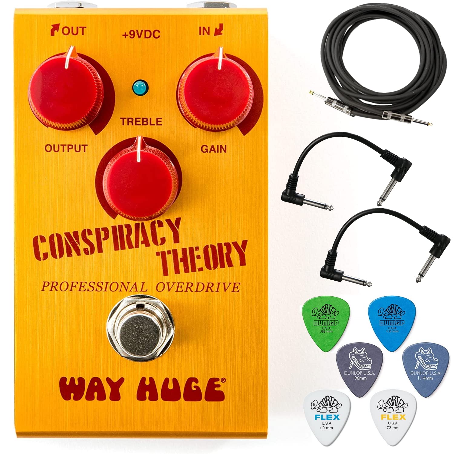 Way Huge Smalls WM20 Conspiracy Theory Overdrive Pedal Bundle with Instrument Cable, 2 Patch Cables and 6 Dunlop Picks