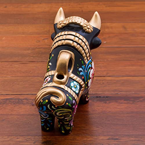 NOVICA Black Metallic Animal Themed Ceramic Sculpture, Big Colorful Pucara Bull'