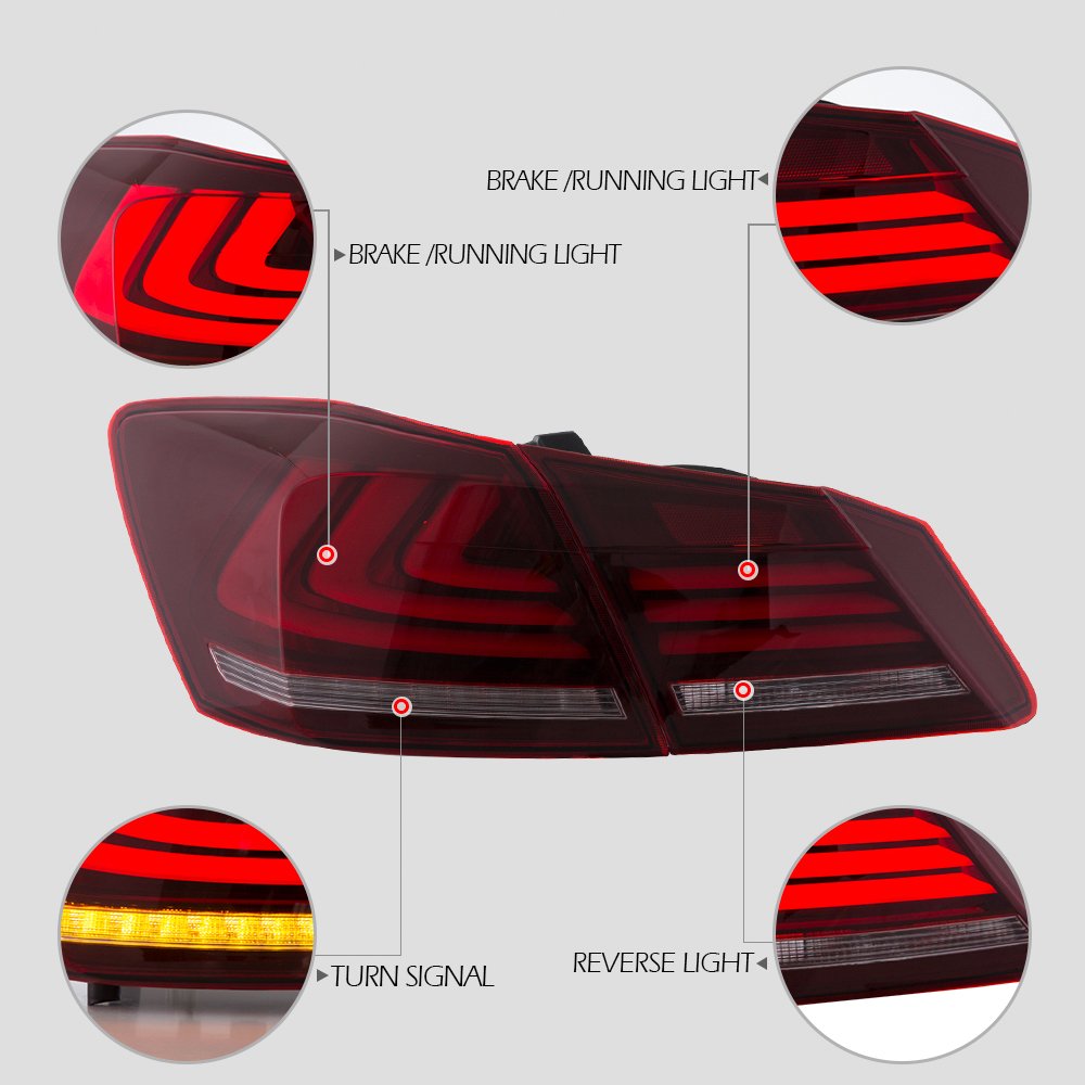MOSTPLUS RED CLEAR LED Brake Tail Lights Compatible for 2013-2015 Honda Accord 4 Door Sedan Set of 2