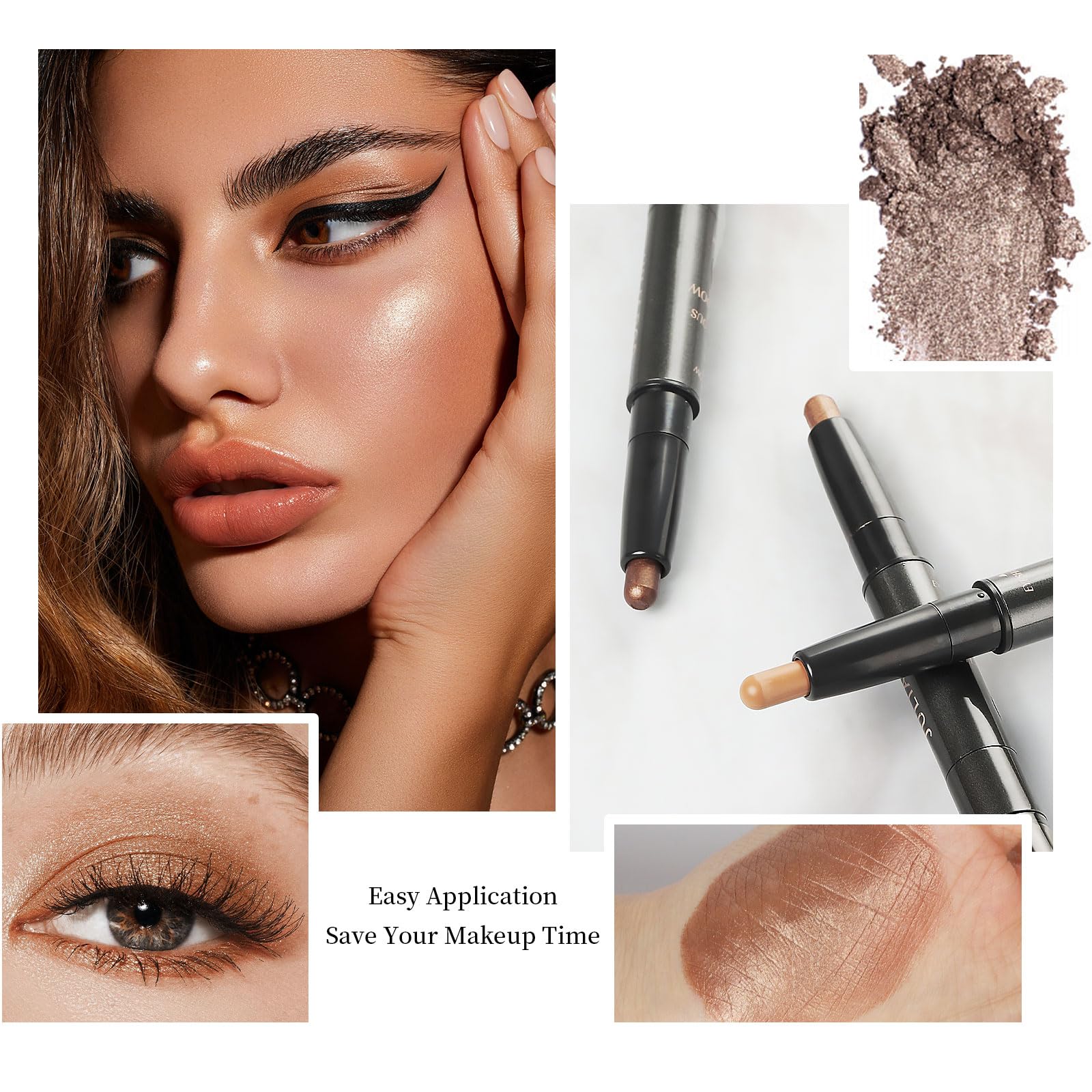 QLZLLF 3 Pcs 2 in 1 Eyeshadow Stick Sets, Cream Eyeshadow Stick, Light to Dark Waterproof Eyeshadow Highlighter Makeup, Matte and Shimmer Eyeshadow Crayon, Neutral and Brown