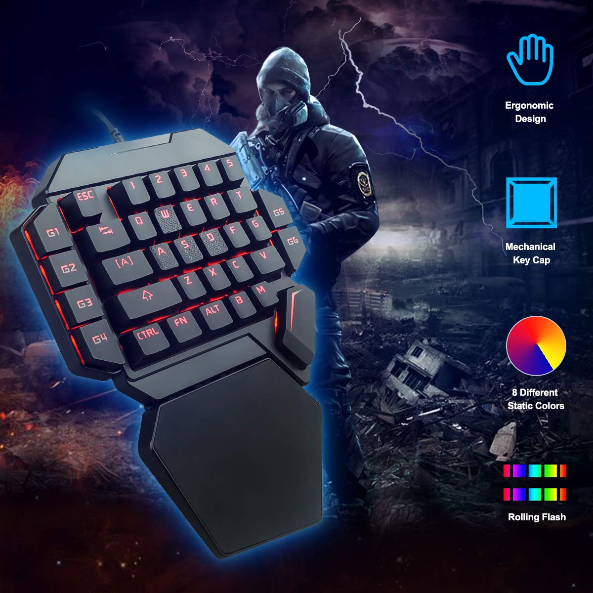 One Handed RGB Mechanical Keyboard, Jhua Ergonomic Half Gaming Keyboard 35 Keys with Rainbow Backlit Keyboard Wired Gaming Keypad Mini USB Keyboard Single Hand Game Controller for PC PS4 LOL Xbox Game
