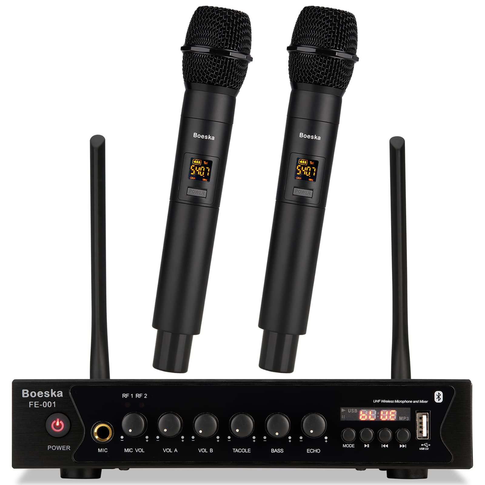 Wireless Microphone System UHF Dual Cordless Handheld Microphones Set for Home Karaoke, Singing, Speech, Party, Meeting, Church, 262ft Range (Black (w Battery))