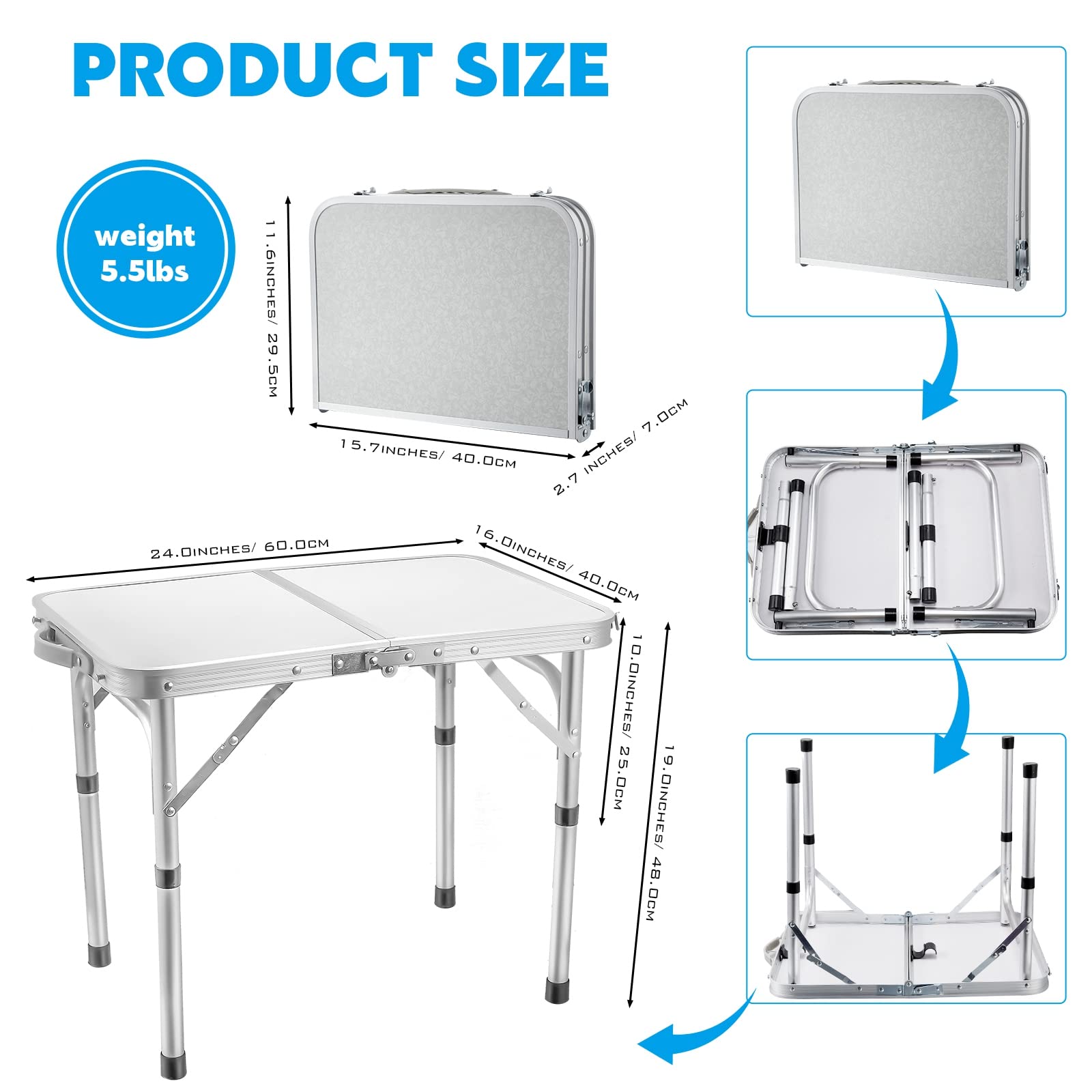 Yahenda 2 Pcs Folding Camping Table Portable Aluminum Folding Table 2ft Lightweight Outdoor Camping Desk with 2 Adjustable Heights for Camp Picnic Cooking BBQ, 24'' x 16'' (Silver)