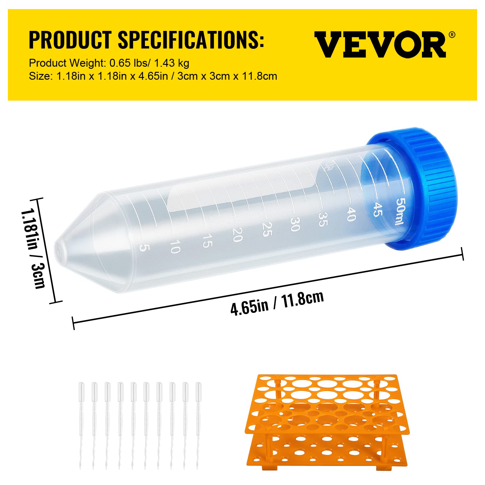 VEVOR Conical Centrifuge Tubes, 50mL, 500Pcs PP EO Sterilized Graduated Container w/Leak-Proof Screw Cap, Write Mark & Test Tube Rack, DN/RNase Free, for Sample Storage & Separate, Blue & Orange