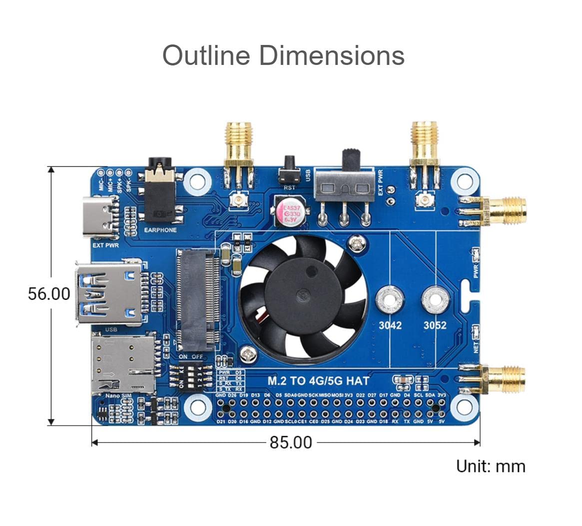 waveshare SIM8202G-M2 5G HAT (B) for Raspberry Pi Snapdragon X55 Quad Antennas 5G NSA Multi Band 5G/4G/3G Compatible Applicable for Regions with 5G Sub-6G Signal Coverage