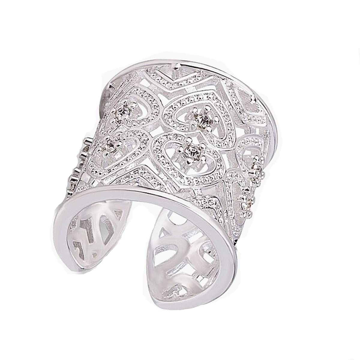 Naivo Retro Europe Style Rose Gold Plated Hollow Hears White Zircon Resizable Band Ringe (silver)