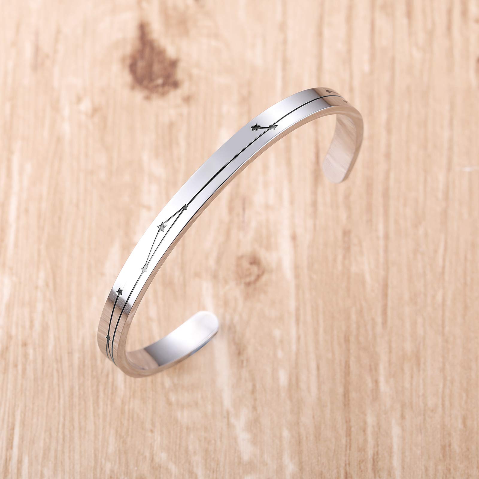 Silver Zodiac Cuff Bracelet Stainless Steel Engraving Size Adjustable Constellation Birthday Bracelet Gift for Women (Pisces)