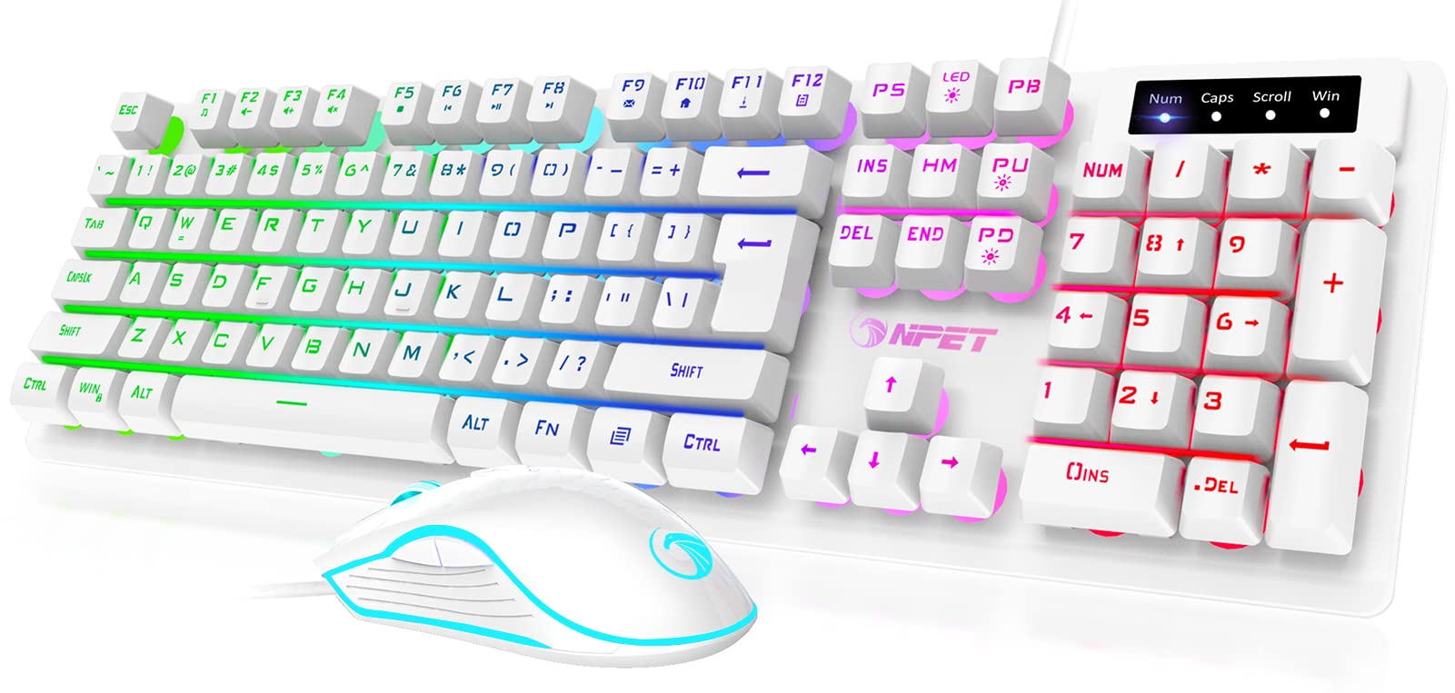 NPET S20 Wired Gaming Keyboard and Mouse Combo, RGB Backlit Quiet Ergonomic Mechanical Feeling Keyboard, Gaming Mouse 6400 DPI, for Desktop, Computer, PC, White…