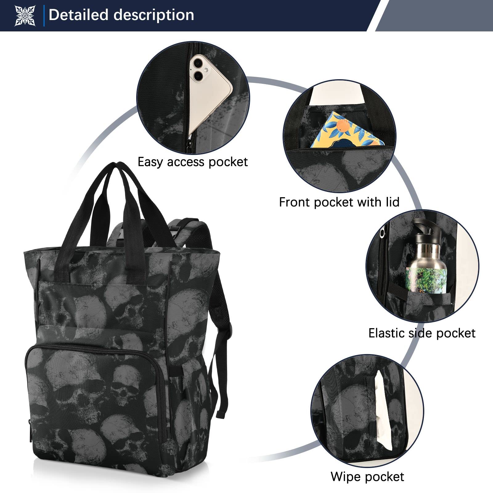 ZENWAWA Diaper Backpack Grey Skulls Pattern Multifunctional Nappy Bag Tote Large Capacity with Stroller Straps Insulated Feeding Bottle inserts
