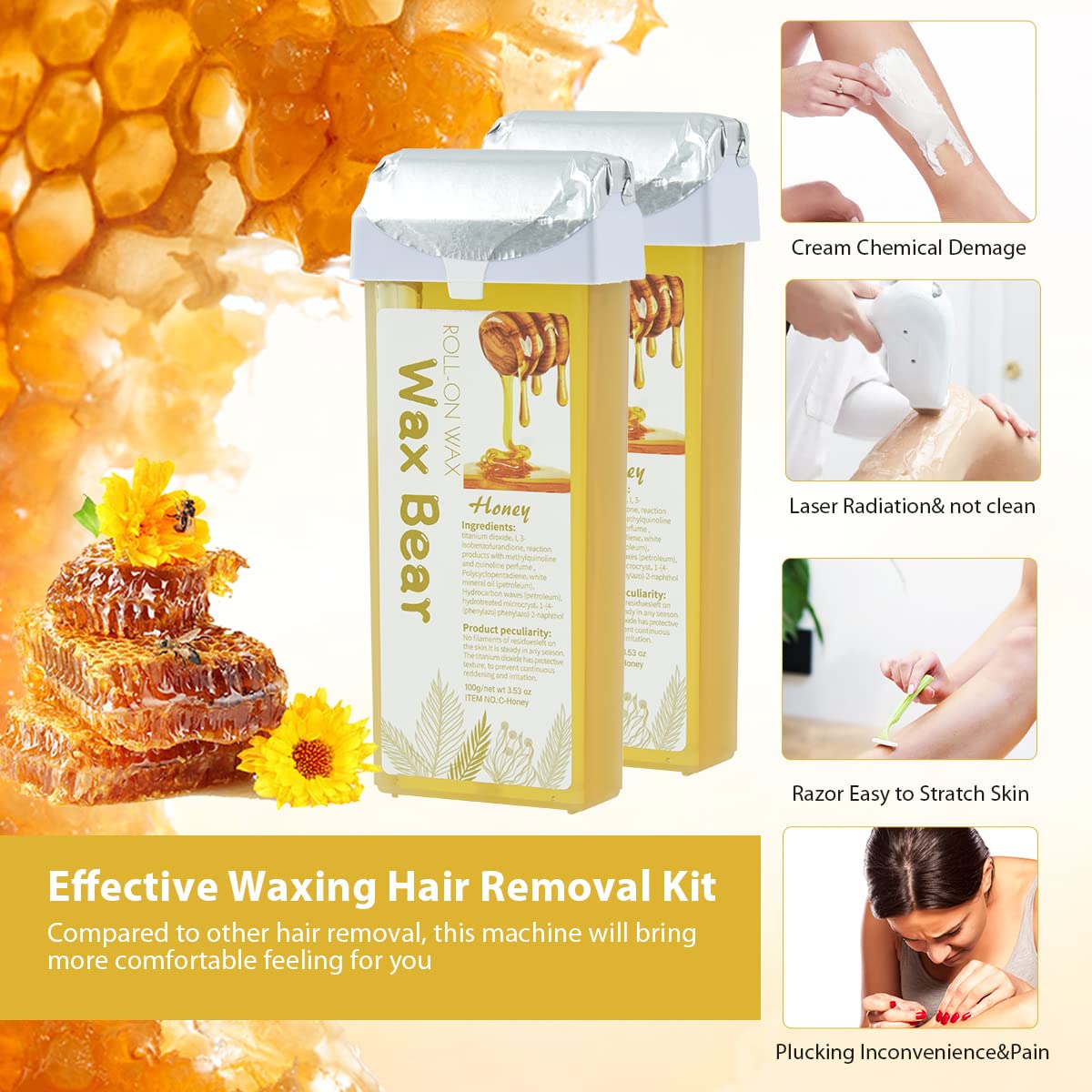 Wax Bear Roll On Depilatory Roller Wax Kit for Sensitive Skin, Soft Wax Heater with 2 Cartridge Refill,10 Wipes and 100 pcs Strips