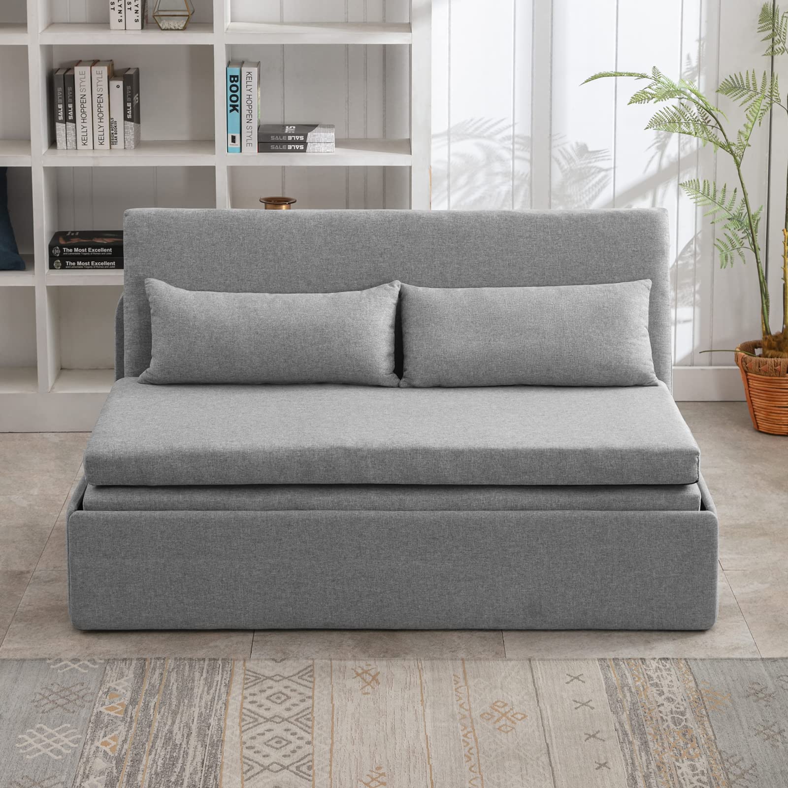 Mjkone Twin Size Pull out Sofa bed, 2-in-1 Modern Pull out Linen Sleeper Sofa Couch, Revesible couch bed with Cushions&Throw Pillows for Small place/Apartment/Living Room/Office/Studio(Light Gray)