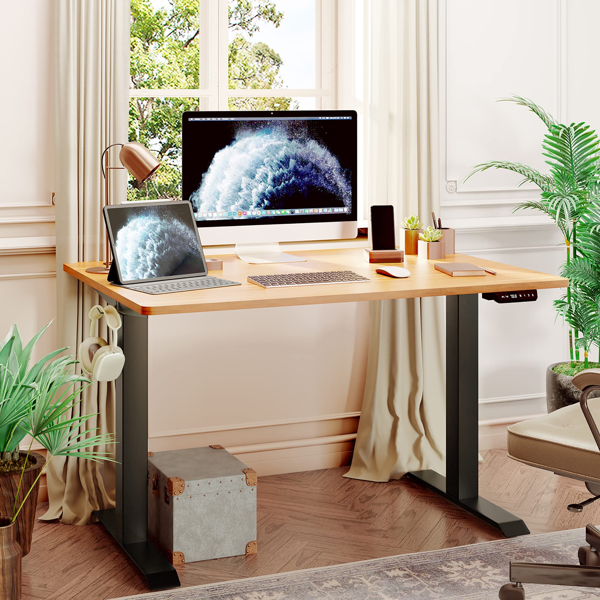 Shintenchi Electric Standing Desk, 48 x 24 Inch Height Adjustable Sit Stand Desk Morder Home Office Stand Up Desk Computer Work Station with Splice Board, (Black Frame + Bamboo Top)