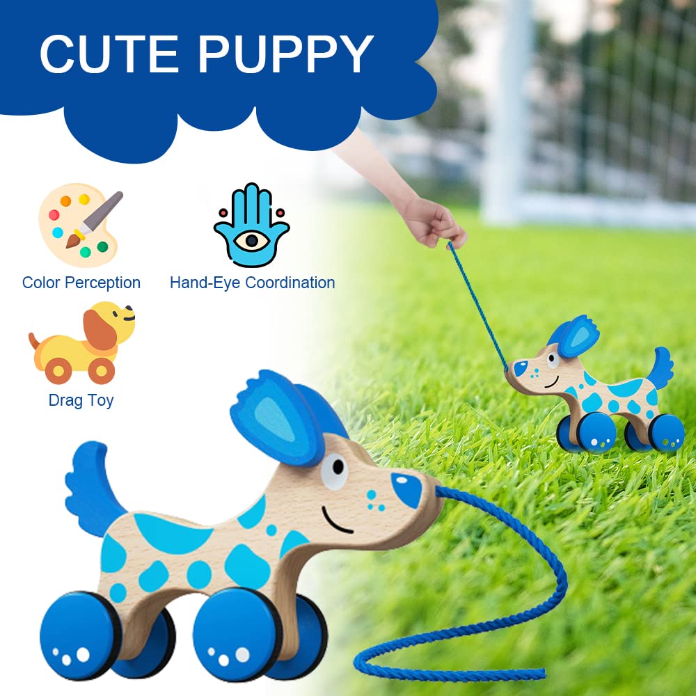 Toddler Pull Toy Classic Pull String Wooden Toy Slinky Dog Pull Toy with Wheels for Improves Your Toddlers 1-3 Movement & Motor Skills Suitable for Children