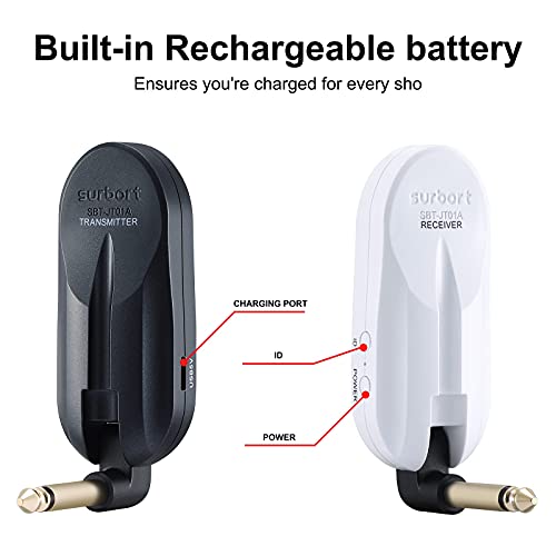 Surbort Wireless Guitar System, 5.1G/5.8G Dual Frequency Transmitter and Receiver, 18H Endurance 30m Transmission Distance with Charging Case,for Electric Guitar、Bass (White)