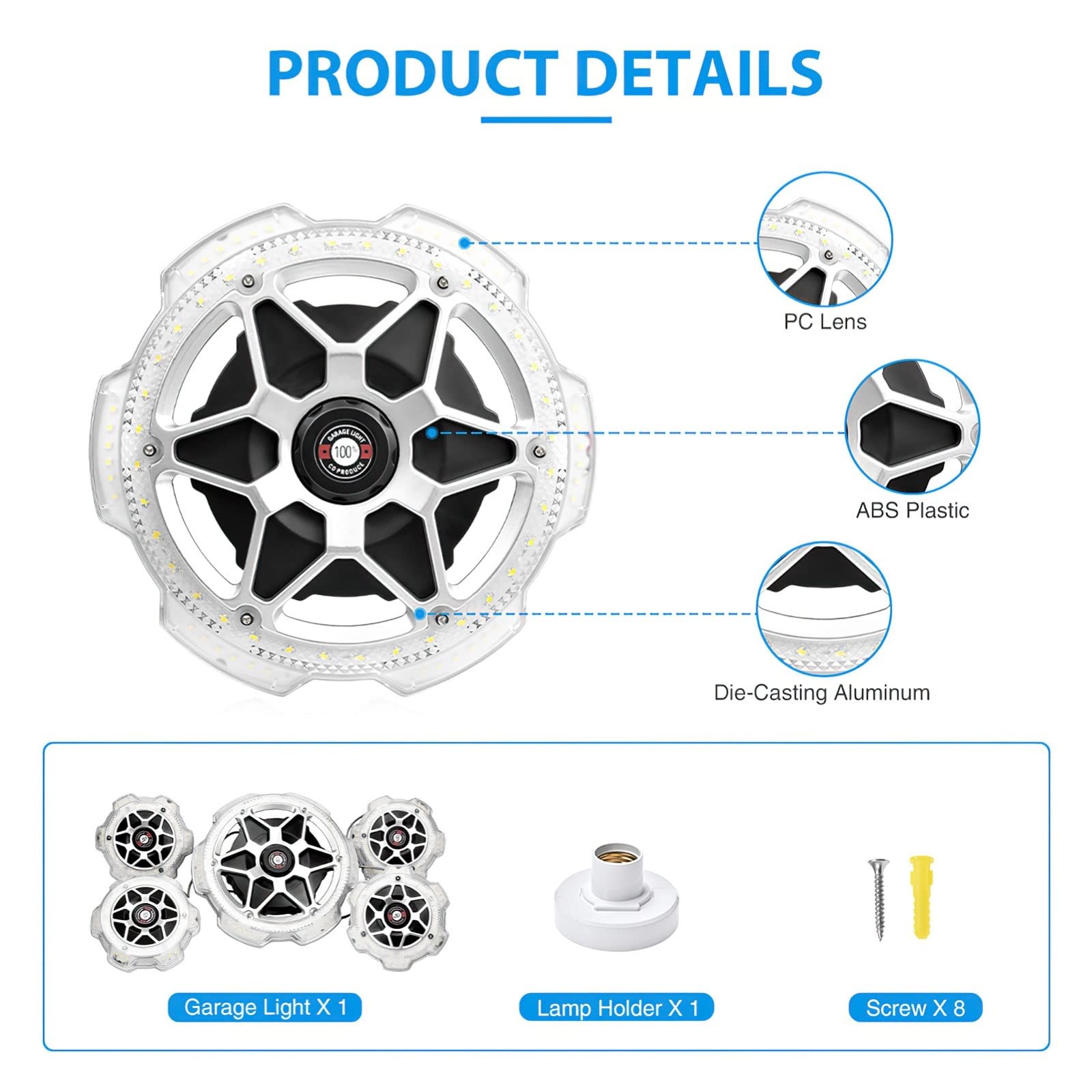 ZTHOME 120w Garage Light Round 5-Head Lighting, Bright Led Garage Light, Led Light Bulbs for Barn