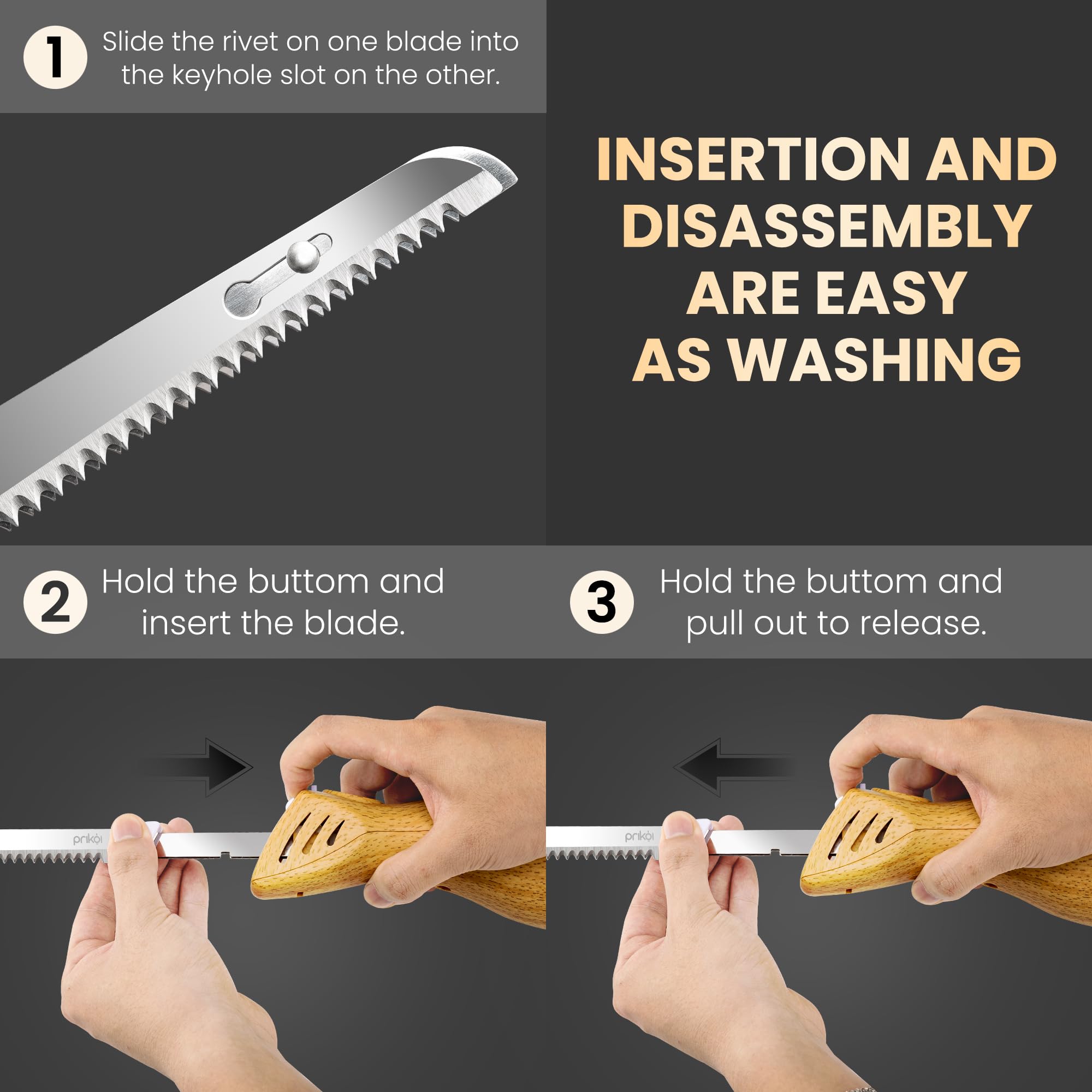 Prikoi Cordless Electric Knife, Easy-Slice Serrated Edge Blades for Carving Turkey, Bread, Fillet, DIY, Ergonomic Handle + 2 Blades