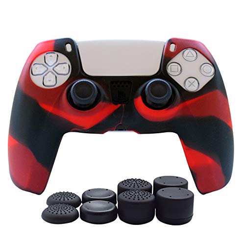 PS5 Controller Skin,Hikfly Silicone Cover for PS5 Grips PlayStation 5 Controller Cover Protector Sleeve Kits Video Games with FPS Pro Thumb Grips Caps(Redblack)