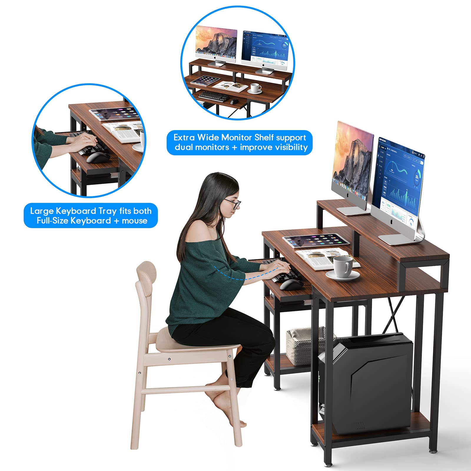 QooWare Computer Desk with Shelves, 47" Writing Desk w/Keyboard Tray & Monitor Stand Riser - Achieve More, Strain Less - Large Desk Space Wooden Study Table for Home Office