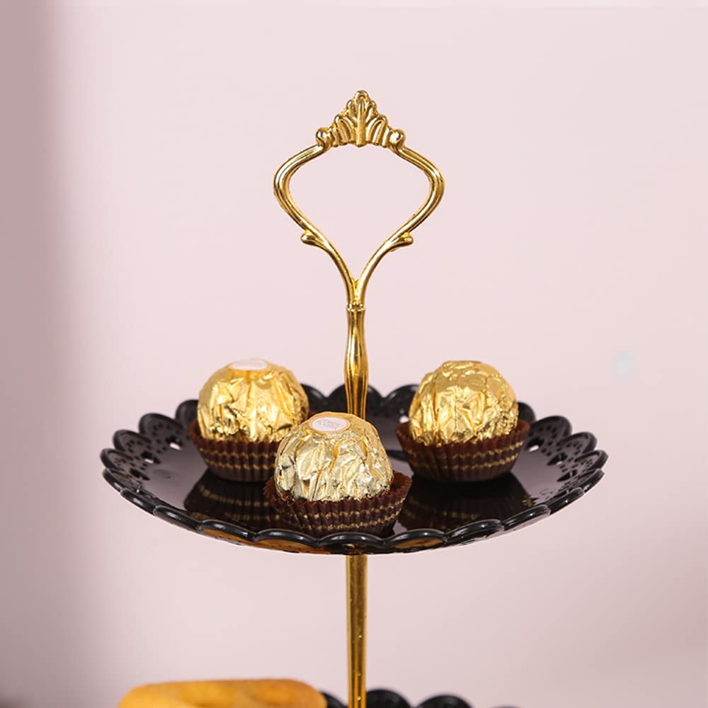 Set of 5 Party Cupcake Stand Includes 2 Pcs 3 Tier Cake Stand + 3 Rectangle Plastic Serving Trays for Wedding Birthday Baby Shower Tea Party (Black)