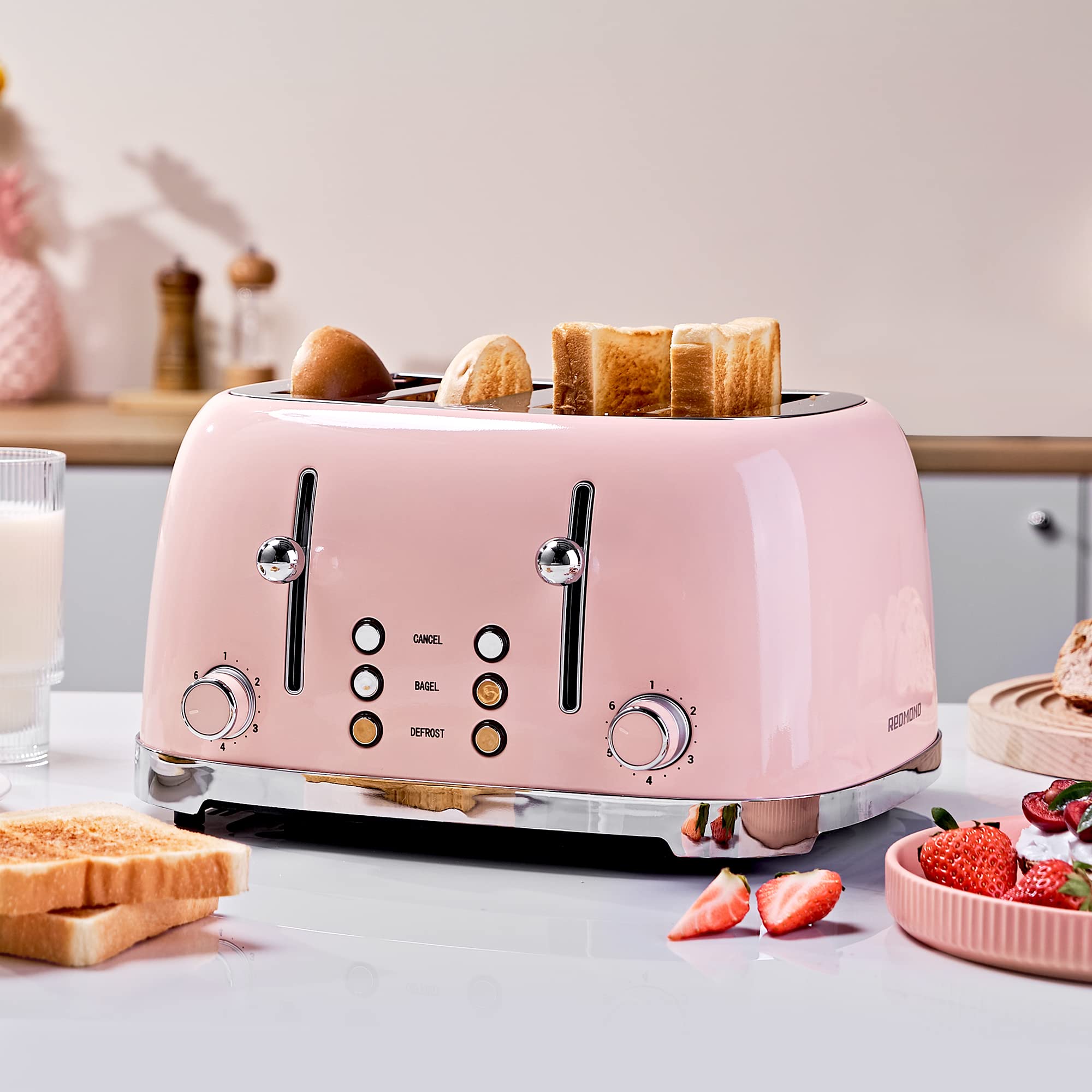 REDMOND 4 Slice Toaster Retro Stainless Steel Toasters with Bagel Defrost Cancel Function, 6 Browning Settings, Pink, ST033