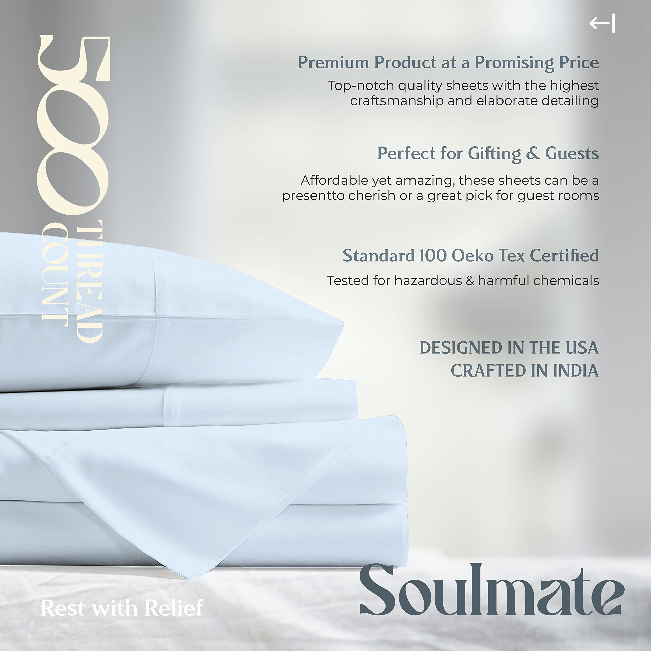 Mayfair Linen 100% Cotton Sheets for Queen Size Bed - Luxury 500 Thread Count Queen Sheet Set, 4 PC Sateen Weave Queen Light Blue Cotton Sheets, Ultra Soft, Deep Pocket Cooling Sheets Queen Size