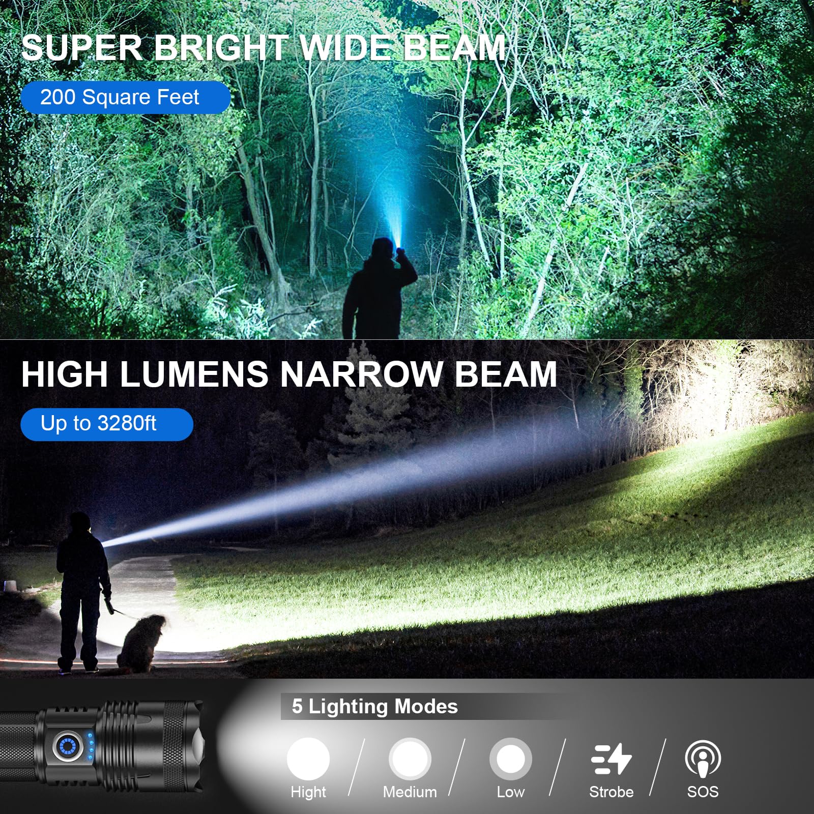 QOPOYU LED Rechargeable Flashlights High Lumens Flash Light, 990,000 Lumens Super Bright Powerful Tactical Flashlight, 5 Modes IPX6 Waterproof Handheld Flashlights for Camping Emergencies (2 Pack)