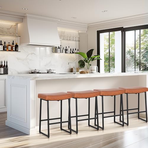 MAISON ARTS Brown Bar Stools Set of 2 Counter Height 24 Inches Saddle Stools for Kitchen Counter Backless Modern Barstools Upholstered Faux Leather Stools Farmhouse Island Chairs, Brown, 2pcs