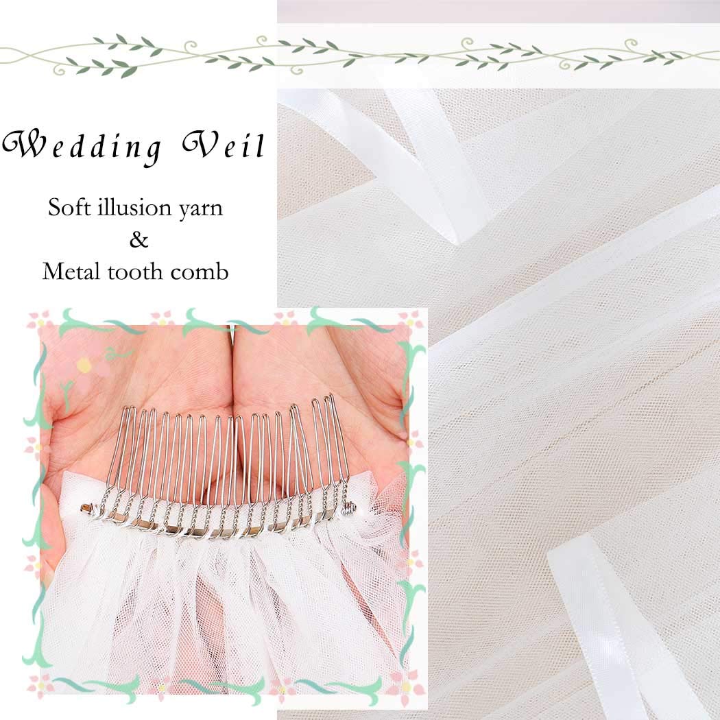 Unsutuo Wedding Veil Satin Trim 2 Tier Ivory Short Bridal Veil Fingertip Length with Ribbon Edge for Brides (Ivory)