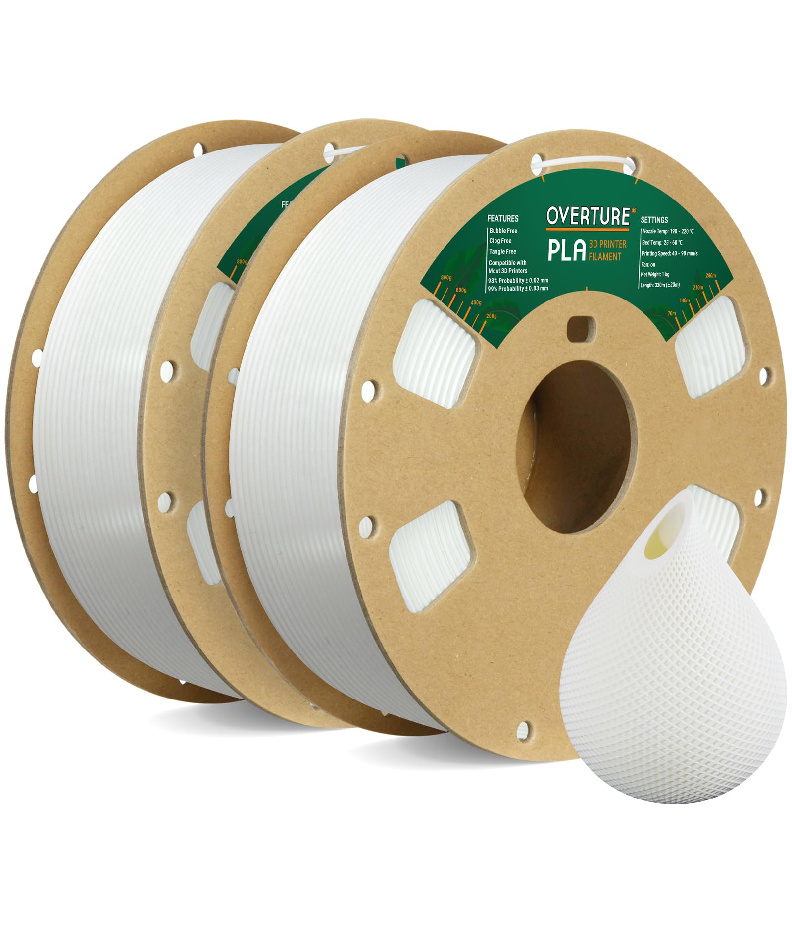 OVERTURE PLA Filament 1.75mm PLA 3D Printer Filament, 2kg Cardboard Spool (4.4lbs), Dimensional Accuracy +/- 0.02mm, Fit Most FDM Printer (White 2-Pack)