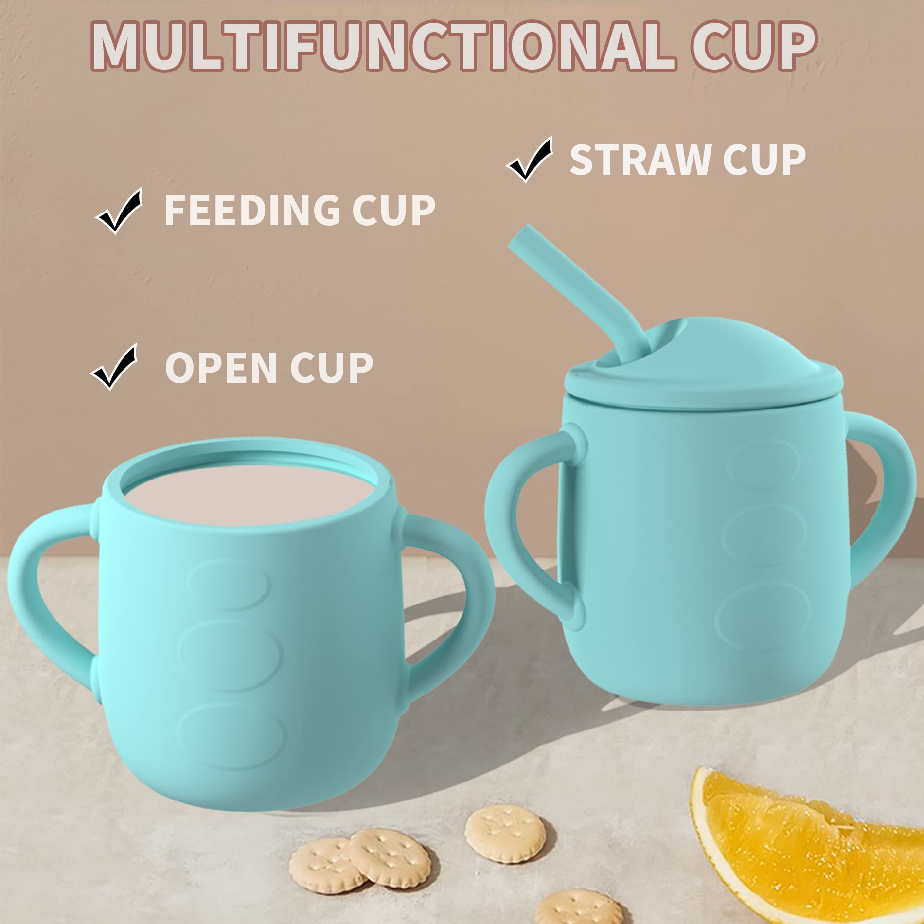 VOTSMOKK Silicone Training Cup for Baby,Spill Proof Toddler Straw Sippy Cups with Handles,Infants Open Cup 5oz,6 months+(SageGreen)