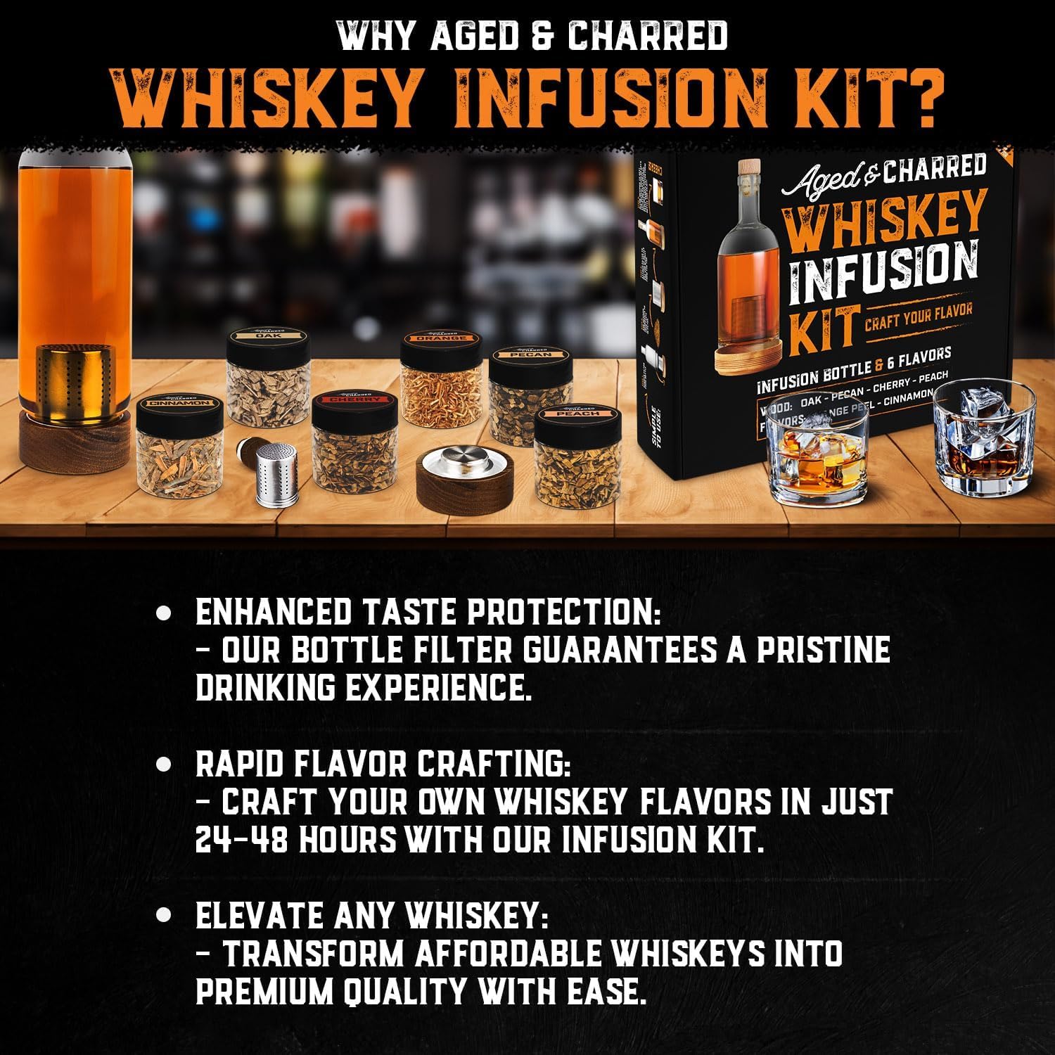 Whiskey Infusion Kit + Wood Chips (Variety 4-Pack) - Mixology-Set for Bartender - Whisky, Bourbon, Vodka Gift for Men - DIY Kits for Adults - Bartender Kit - Valentine Whiskey Gifts for Men and Women