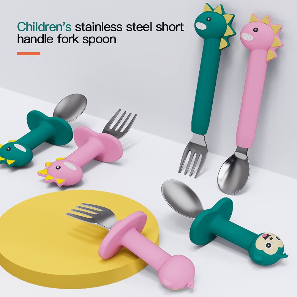 SFCCMM Toddler Utensils Stainless Steel Forks and Spoons Safe Children's Cutlery Set Handle Cartoon Cute for Baby (Green Dinosaur - Short)
