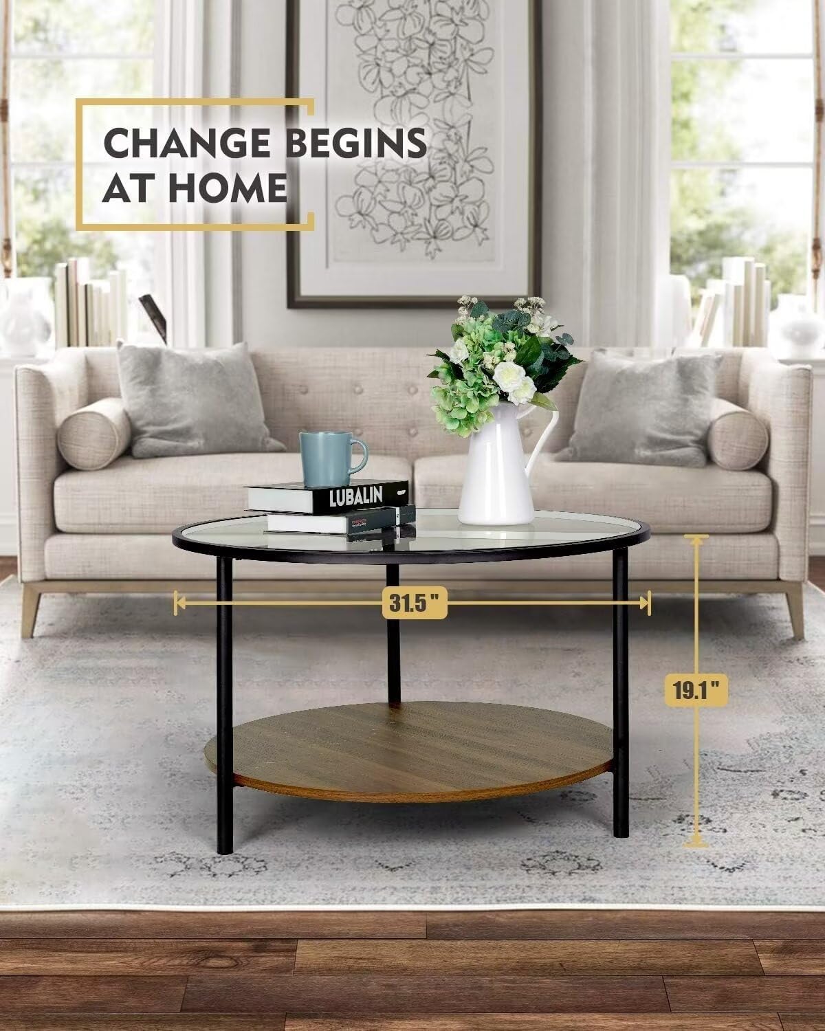 Moncot Round Coffee Table Small Coffee Table with Glass Top and Walnut Wood Shelf Modern Center Table with Metal Frame for Living Room