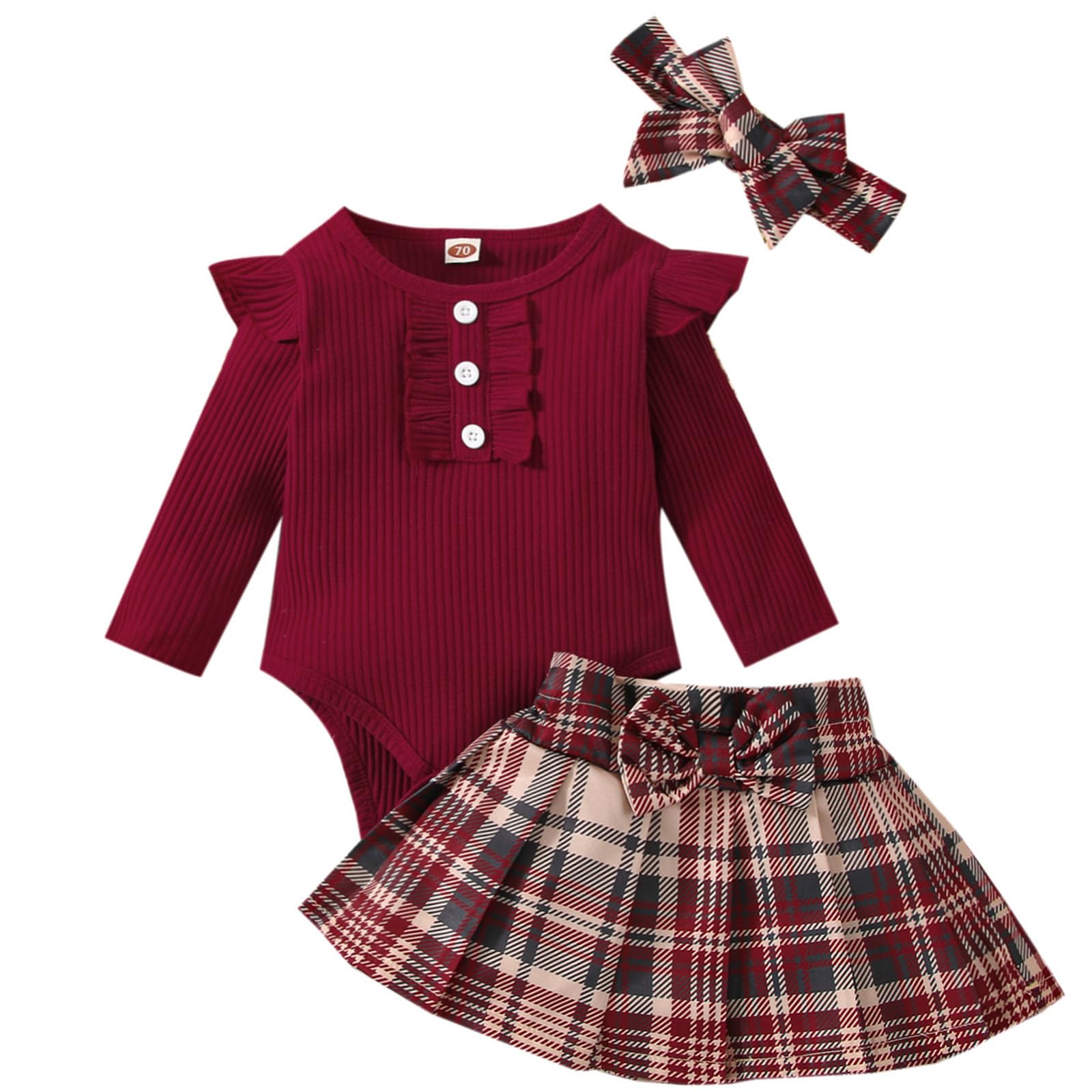 Mubineo Baby Girl Christmas Clothes Plaid Outfits Long Sleeve Romper Overall Skirt Dress Cute Newborn Outfit (Td Wine Red Plaid, 12-18 Months)