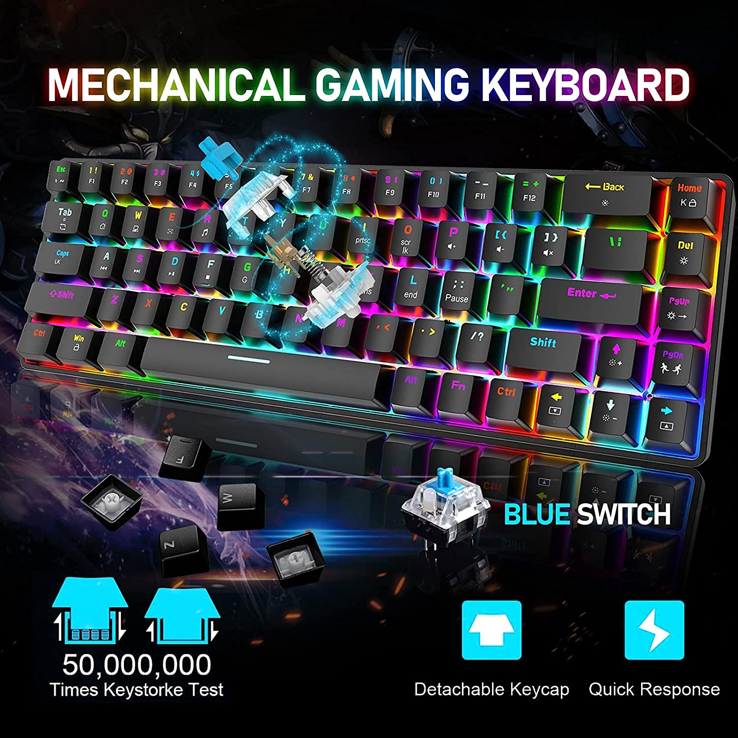 RK-T8 Pro Wired 60% Mechanical Gaming Mini NKRO Keyboard,18 Chroma RGB LED Backlit,TKL Layout,Ultra-Compact With 12 Multimedia Keys,Tactile Red Switch for Xbox,PC,FPS,MOBA,RPG,LOL,PUBG Win/Mac (White)