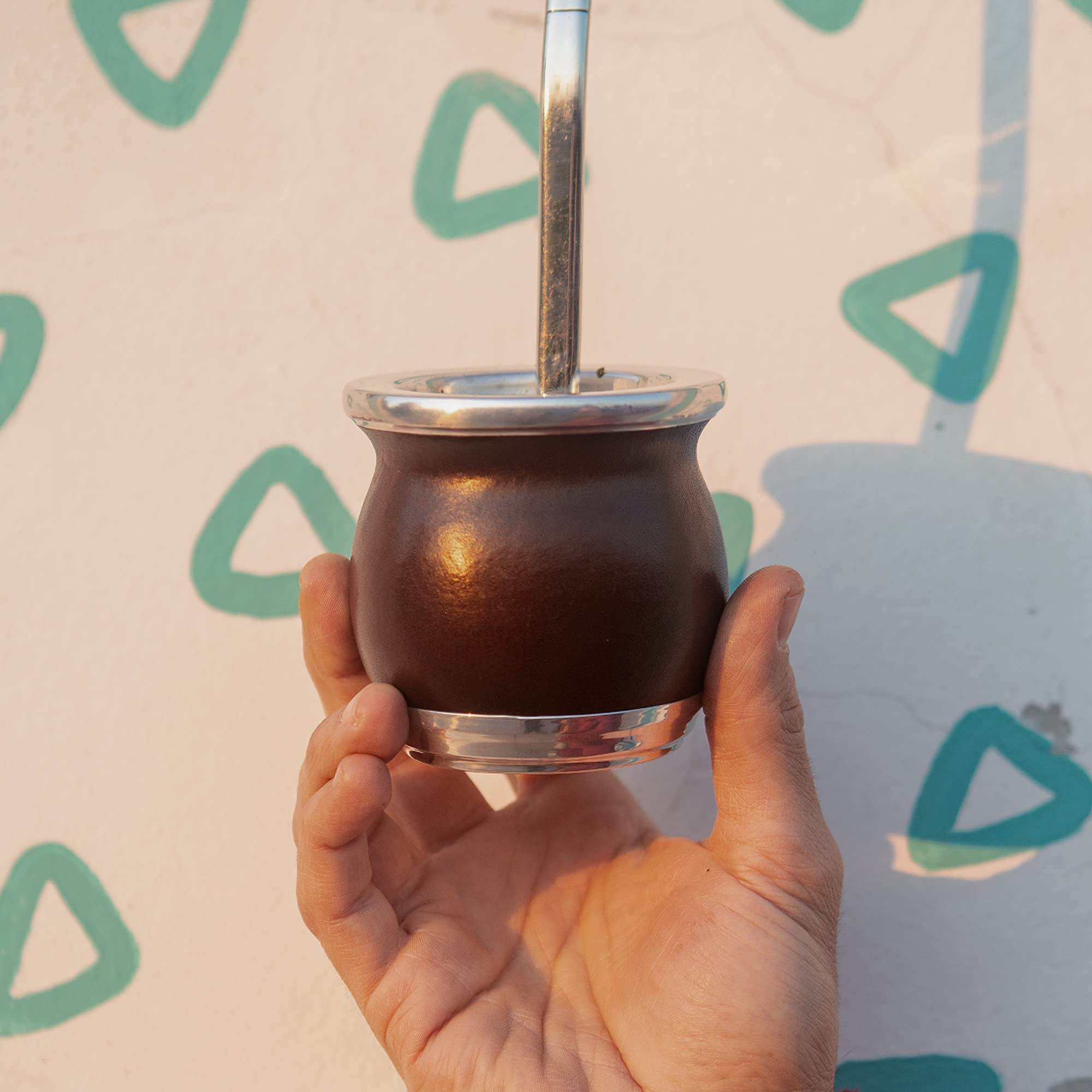 thebmate [Tiny Mate Premium Set Yerba Mate Cup - Crafted Ceramic Teacup - Brown Leather Wrapped Handmade in Uruguay - Set Mate Tiny with German Silver Bombilla Straw and Cleaning Brush (Dark Brown)
