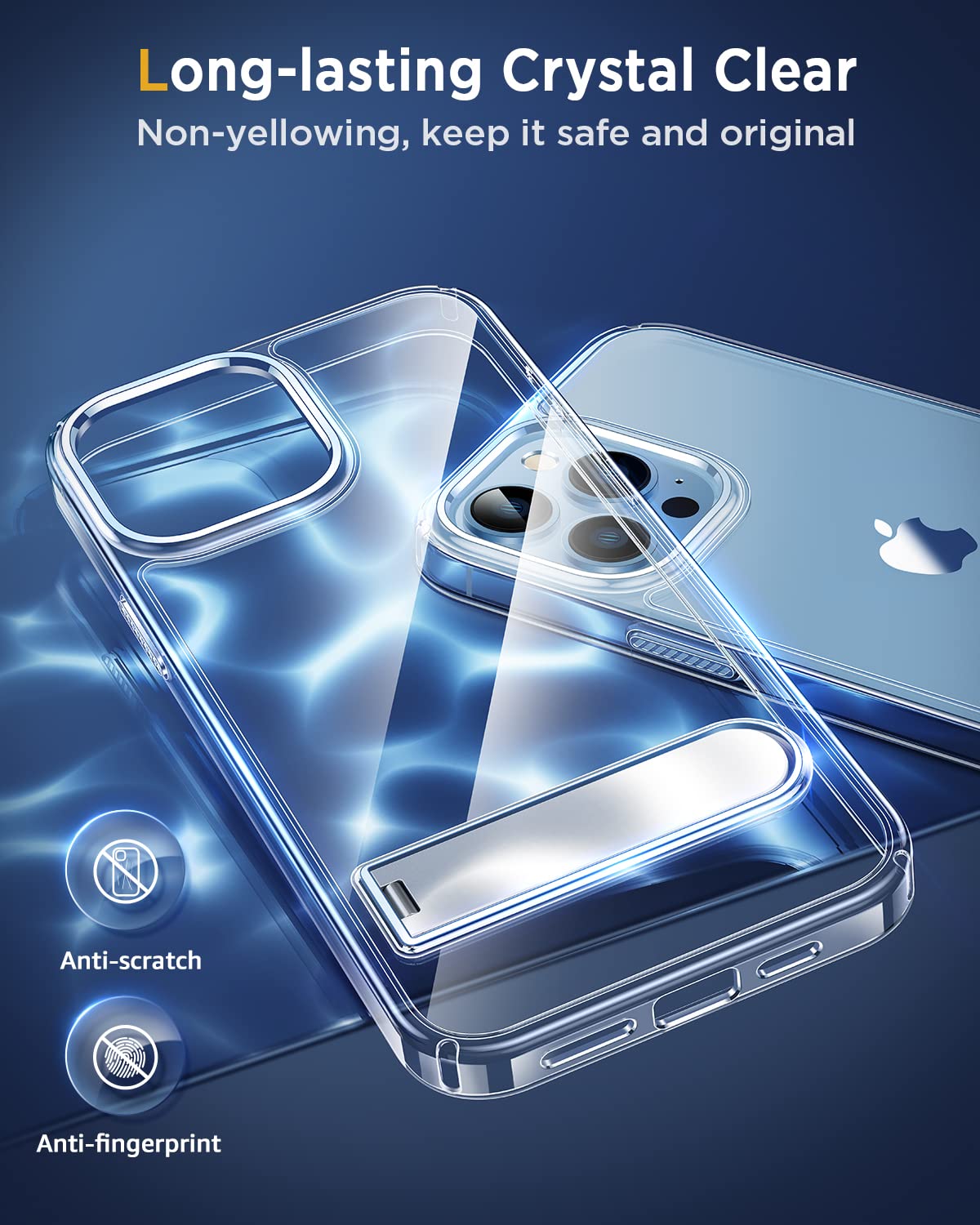 Simtect Crystal Clear for iPhone 13 Pro Max Case with Stand, [3-Way Kickstand] [20X Anti-Yellowing] with 2X Camera Lens Protector, Slim Fit Protective Case for iPhone 13 Pro Max 6.7" - Transparent