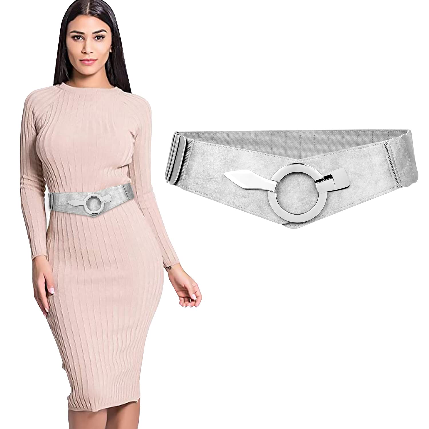 SUOSDEY Women Fashion Wide Elastic Belt Stretch Waist Belt with Easy Silver Buckle for Dresses,black,S