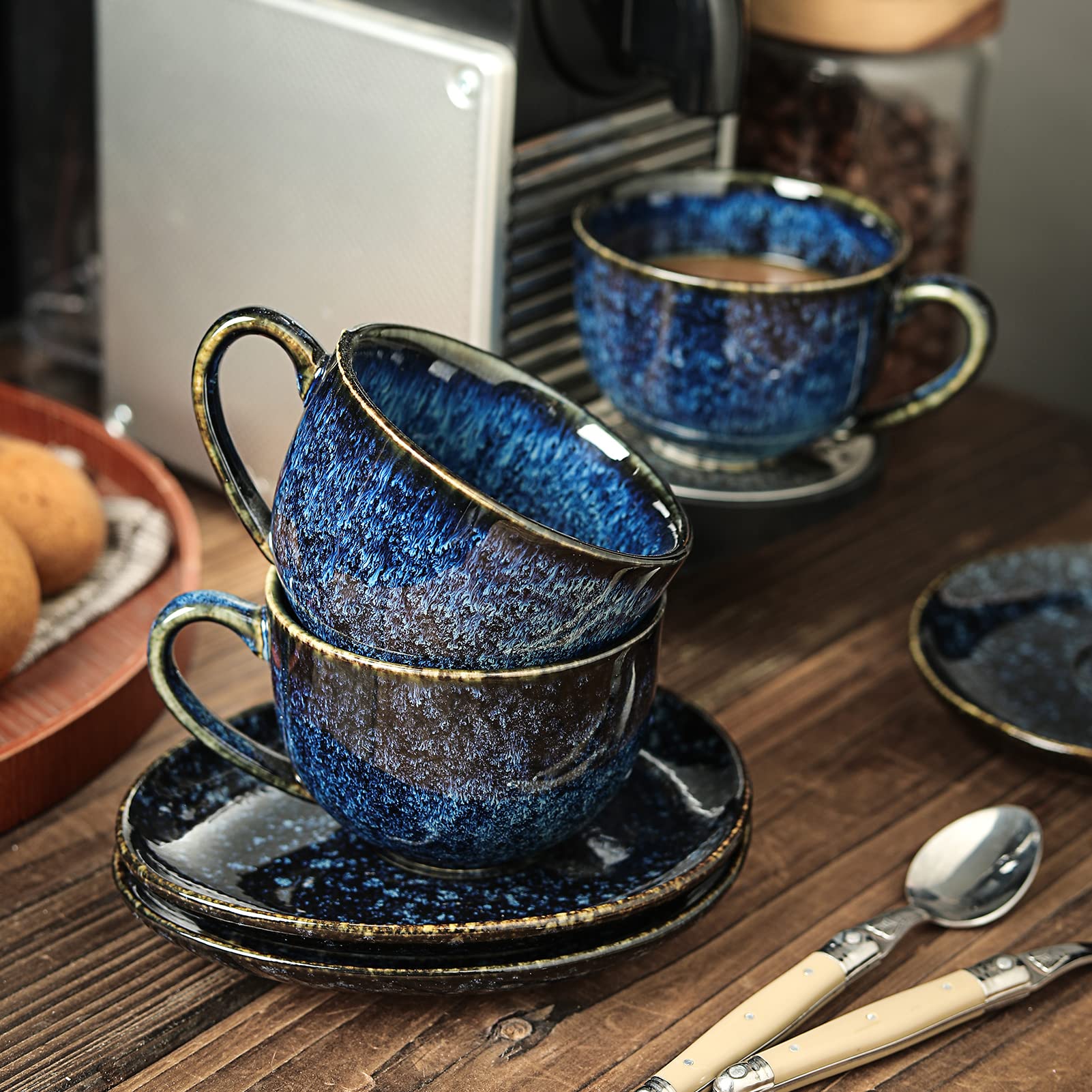 vicrays 6.5 oz Cappuccino Cups with Saucers, Set of 4, Ceramic Coffee Cup for Au Lait, Double shot, Latte, Cafe Mocha, Tea (Starry Blue)