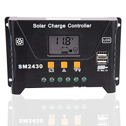PWM Solar Charge Controller 12V 10A Waterproof, PWM Negative Ground Solar Charge Controller 12V/24V with LCD Display for AGM, Gel, Flooded and Lithium Battery