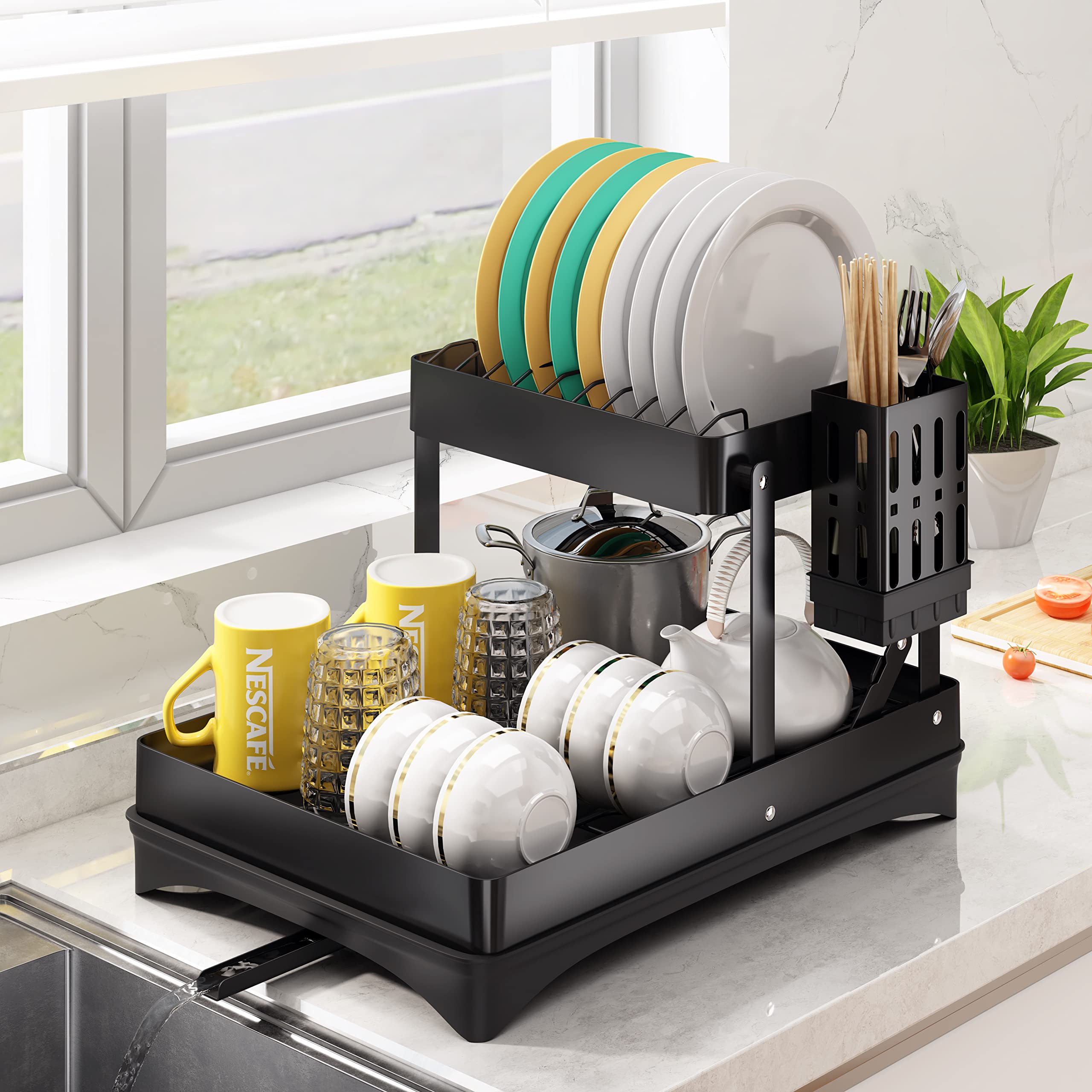 PXRACK Dish Drying Rack,Stainless Steel Dish Racks for Kitchen Counter Two Tier Collapsible Dish Racks for Storage Dishes Foldable Dish Drainer with Utensil Holder Organizer Dryer with Drainboard